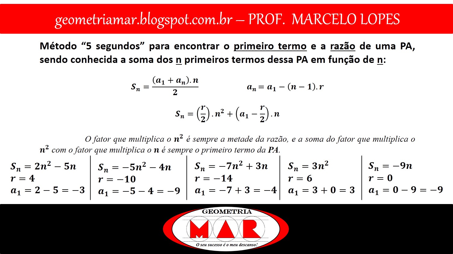 Geometriamar: Encontrar o Primeiro Termo e a Razão de uma PA, em 5 ...