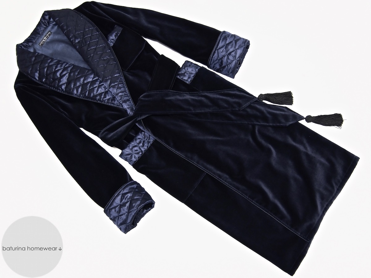 Men's Navy Blue Velvet and Quilted Silk Dressing Gown and Smoking Jacket
