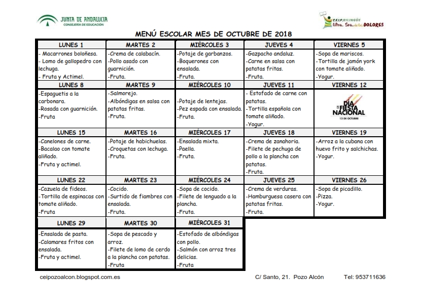 CEIP NTRA. SRA. DE LOS DOLORES: Menú Escolar del mes de octubre