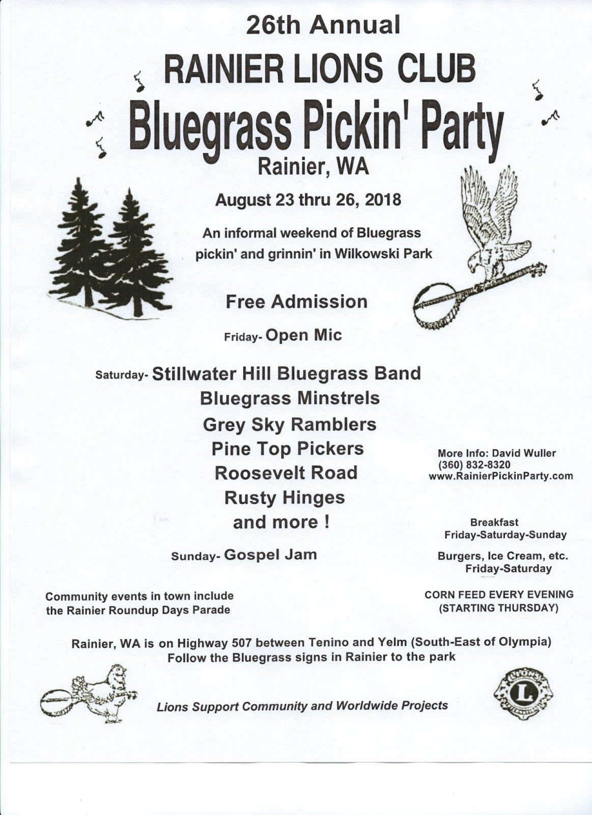 Rainier Lions Club: Flyer for the 26th Annual Bluegrass Festival 2018
