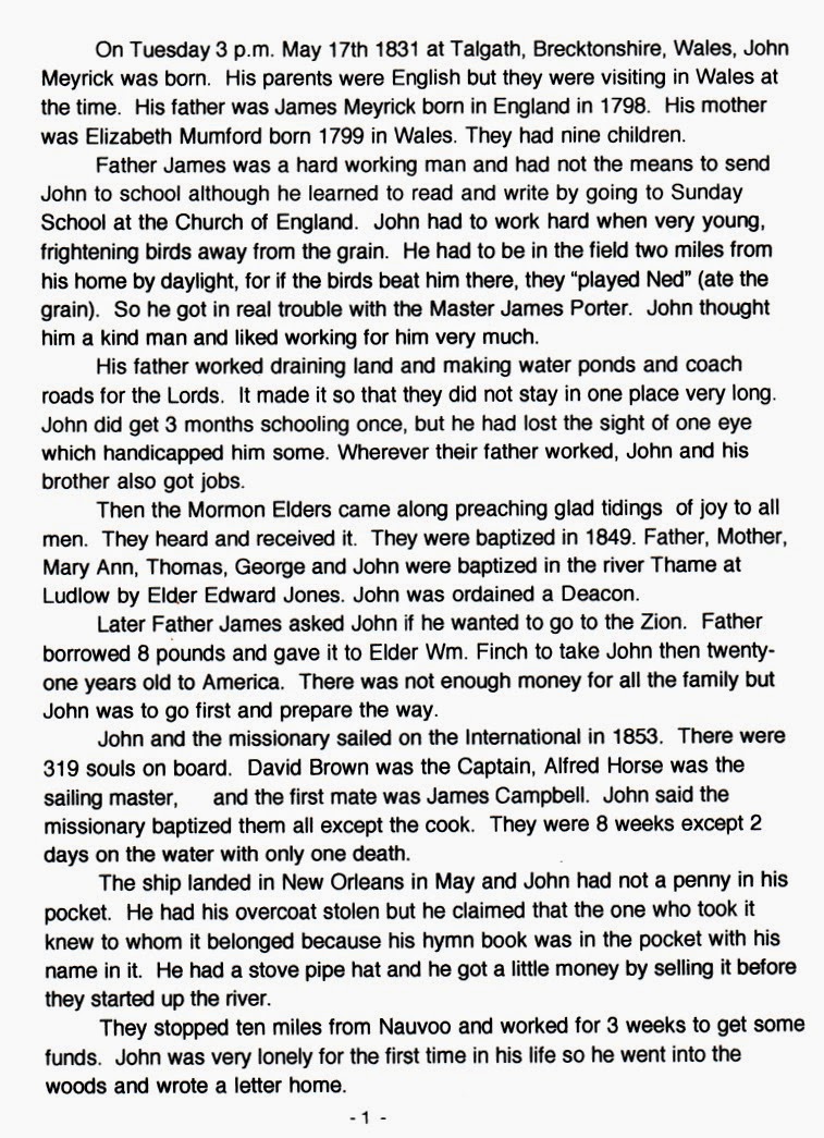 Pioneer of the Month- - - Mt. Pleasant, Utah: John Meyrick, Pioneer of ...