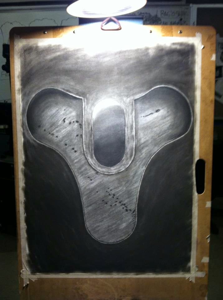 Zelta Industries: Drawing the Destiny Tricorn on 22x30 canvass in charcoal.