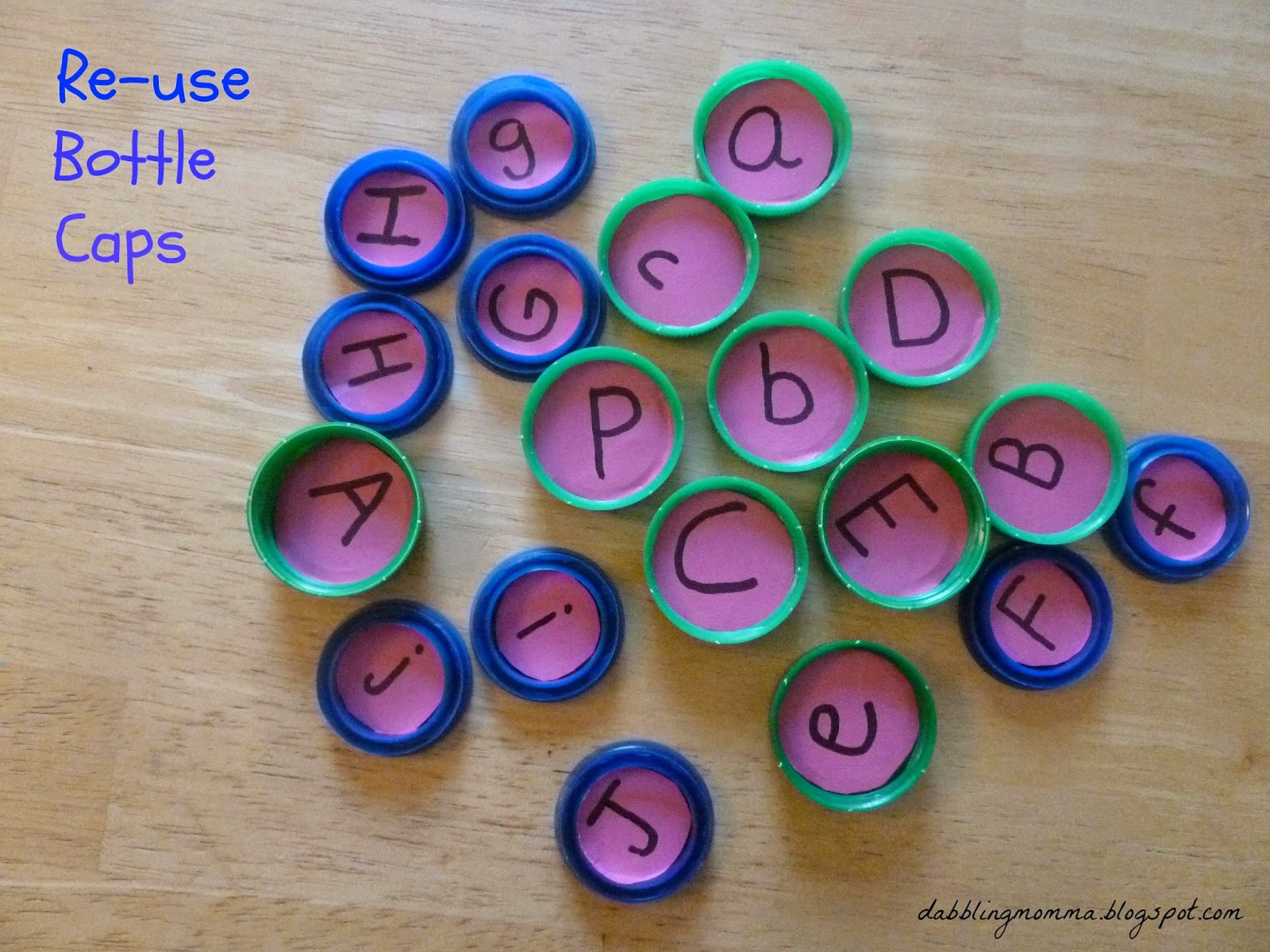 Dabblingmomma: Bottle Cap Letter Matching and Memory Game