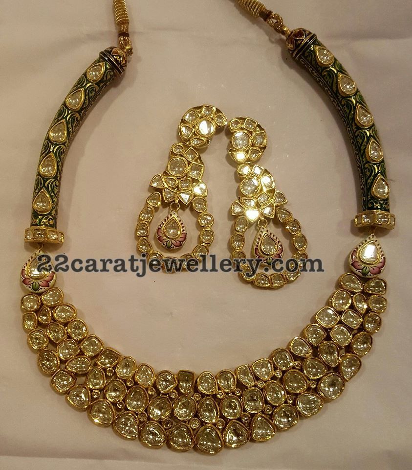 Three Layer Polki Meena Work Choker - Jewellery Designs