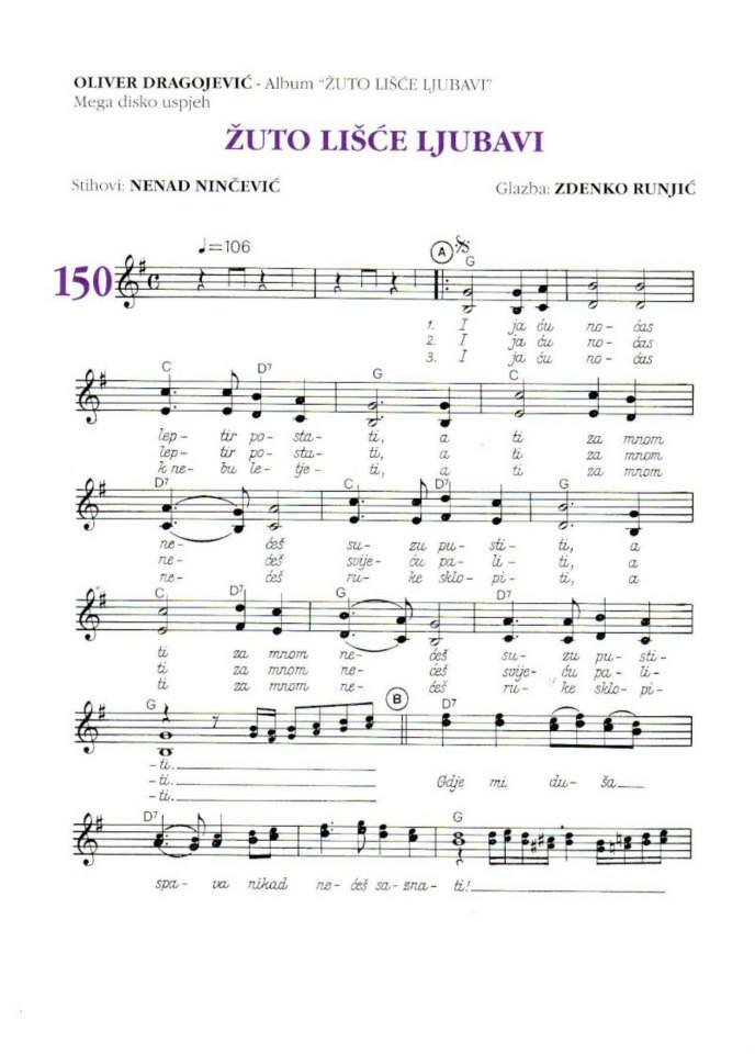 NOTE | DOMACE I STRANE: ZUTO LISCE LJUBAVI AKORDI NOTE