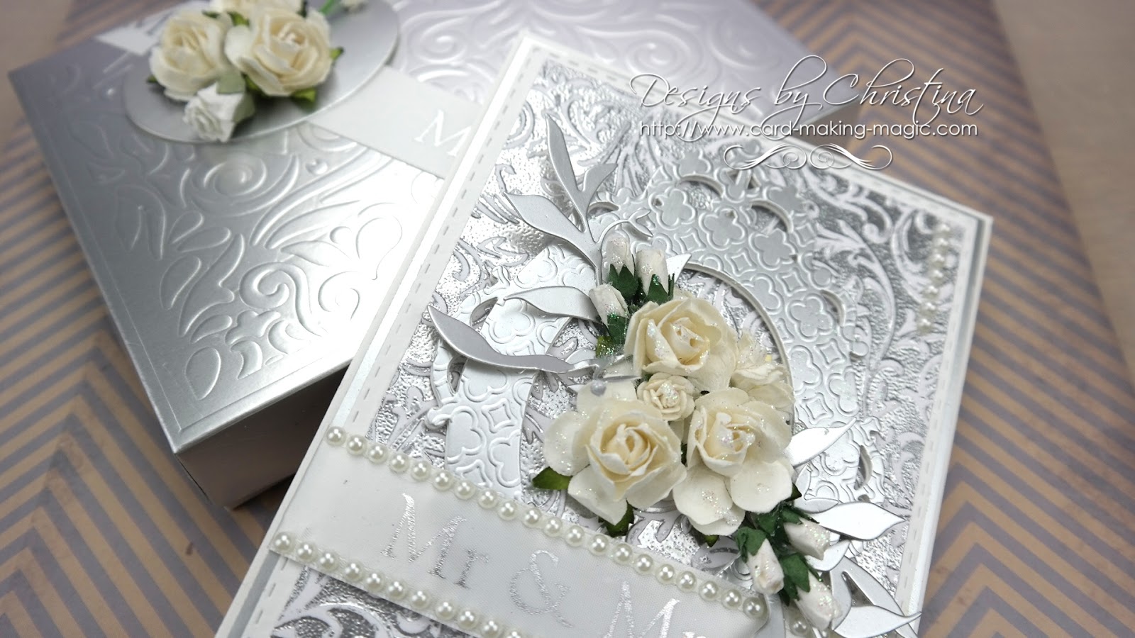 Flowers, Ribbons and Pearls: Silver Embossed Wedding Card