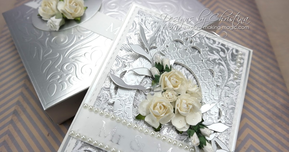 Flowers, Ribbons and Pearls: Silver Embossed Wedding Card