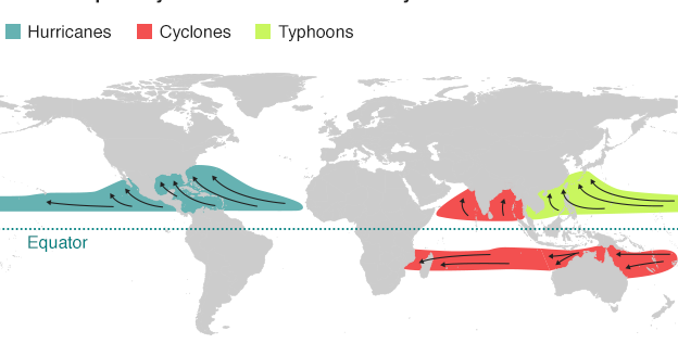 Where tropical cyclones form and what they are called