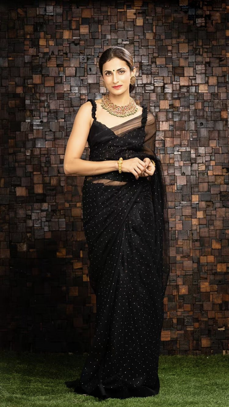 Shilpa Reddy in transparent saree with lace patterned black blouse ...