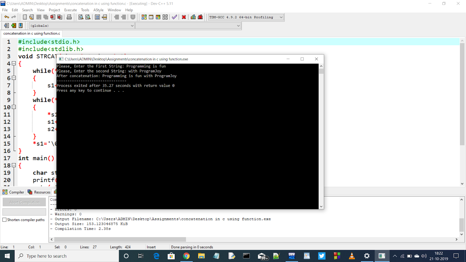 String Concatenation Without Using Strcat Function In C
