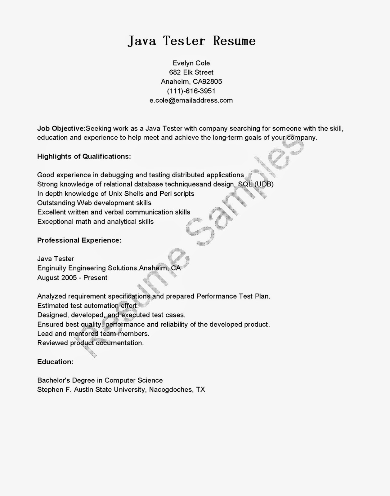 Resume Samples Java Tester Resume Sample