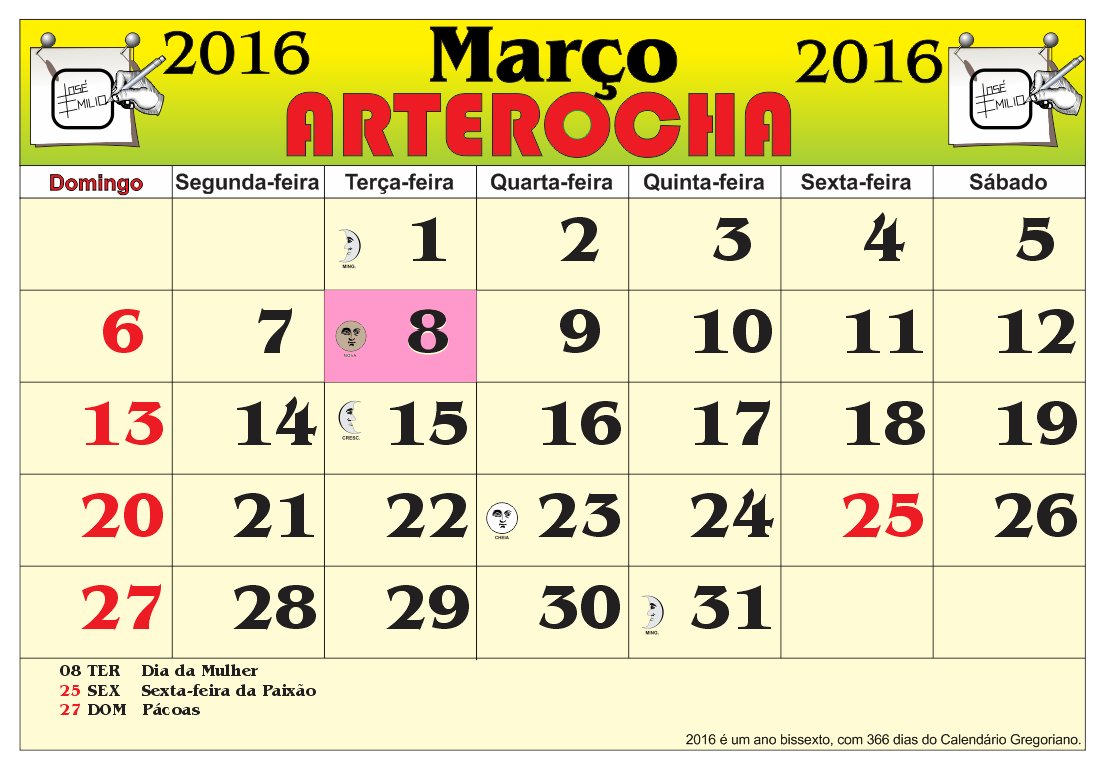 ARTEROCHA: CALENDÁRIO MES DE MARÇO 2016
