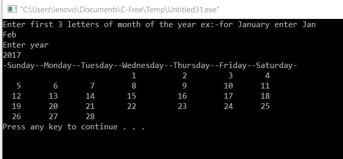 All C Programs: Get Calendar for Given Year and Month