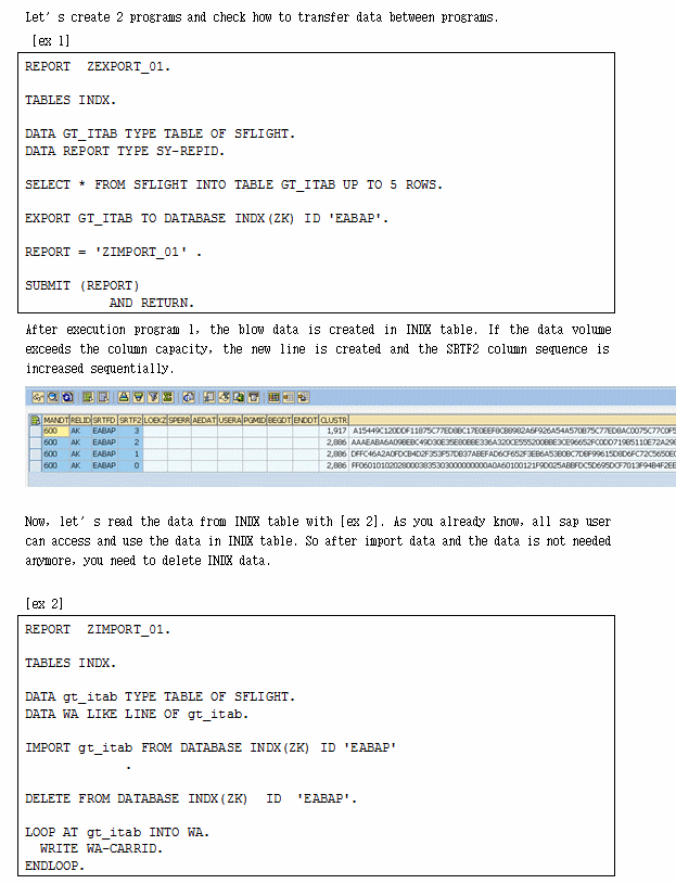 ABAP Tip Note: ABAP TIP EXPORT IMPORT database table(INDX) data ABAP Tip Note: ABAP TIP EXPORT IMPORT database table(INDX) data