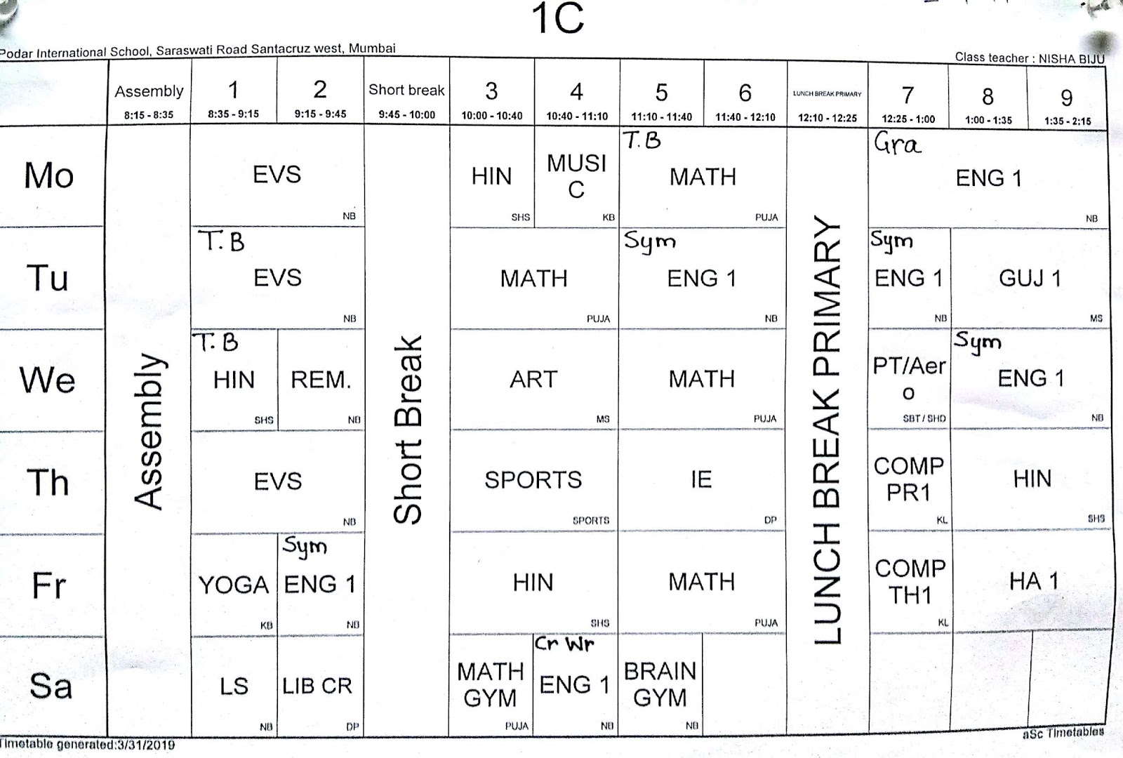 STARS OF PIS AHMEDABAD STD I: TIMETABLE OF CLASS 1- ALL SECTIONS
