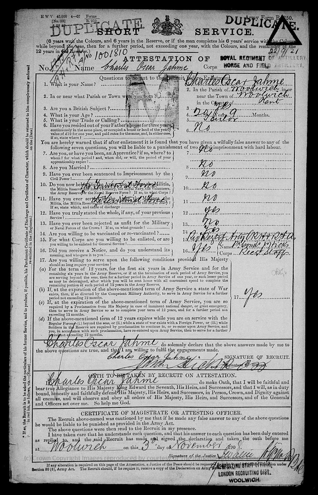 Army Forms & Attestations: Army Form B.250 - Short Service Attestation 6&6