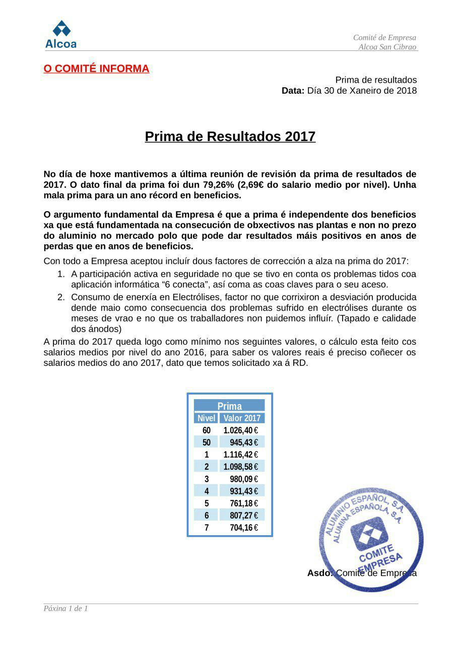 SECCIÓN SINDICAL ALO/ALA ALCOA SAN CIPRIAN: Prima de Resultados 2017