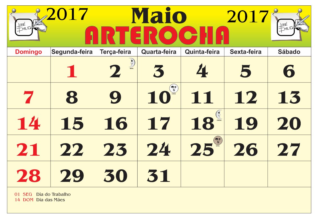 ARTEROCHA: CALENDÁRIO MES DE MAIO 2017