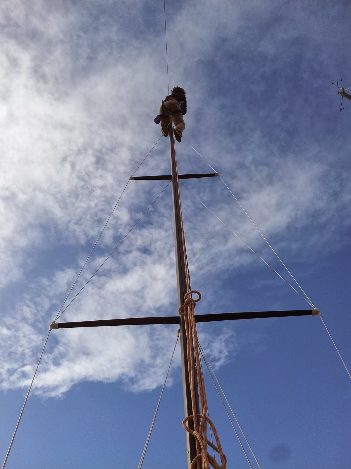 Elise : Going aloft to run the external halyard up the mast