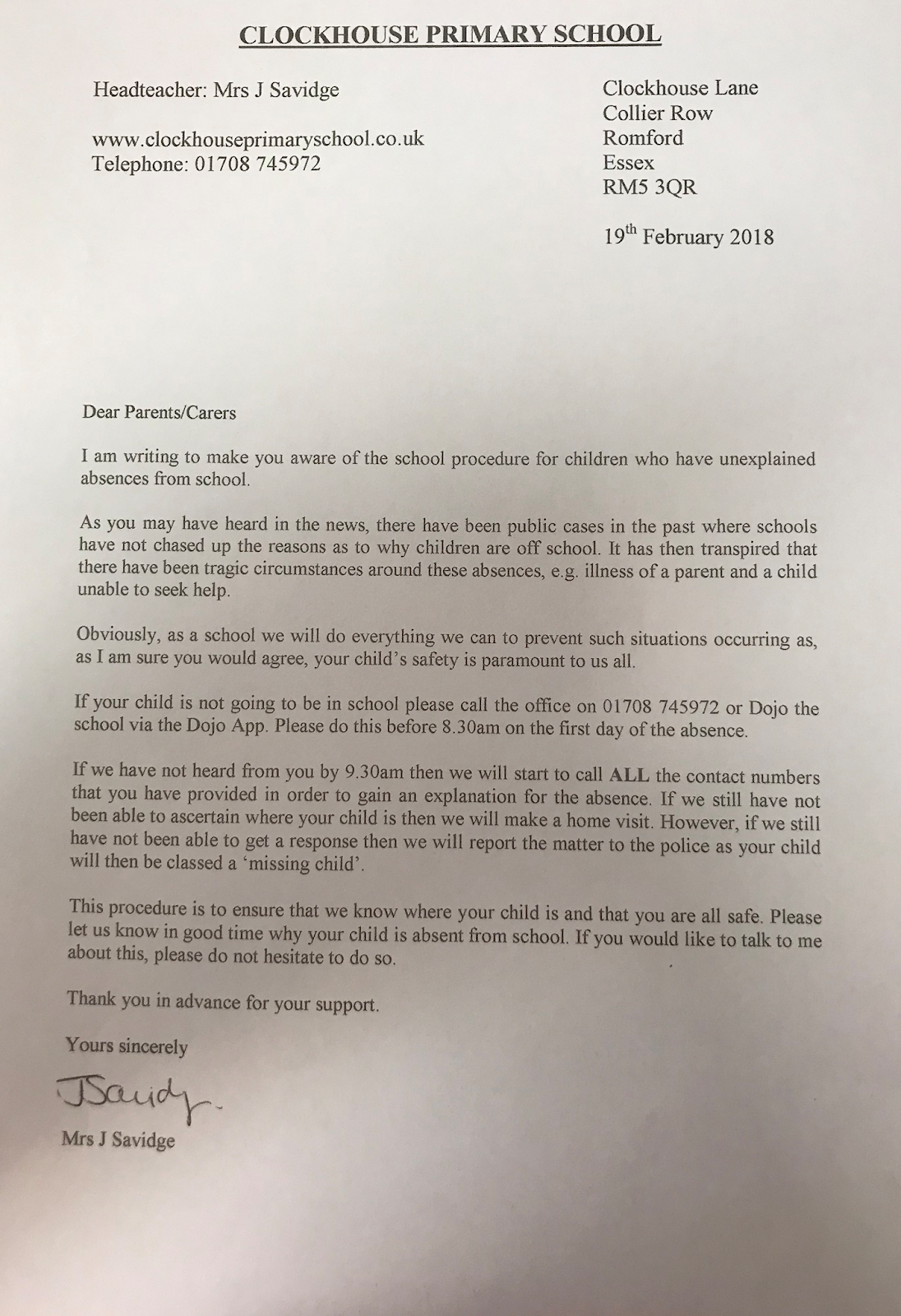 Clockhouse Primary School: Letter about Attendance