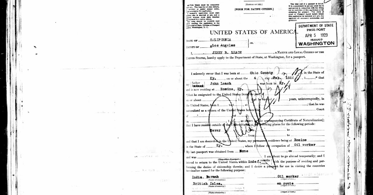 Ohio County, Kentucky History: Passport Application - Jerry B. Leach - 1923