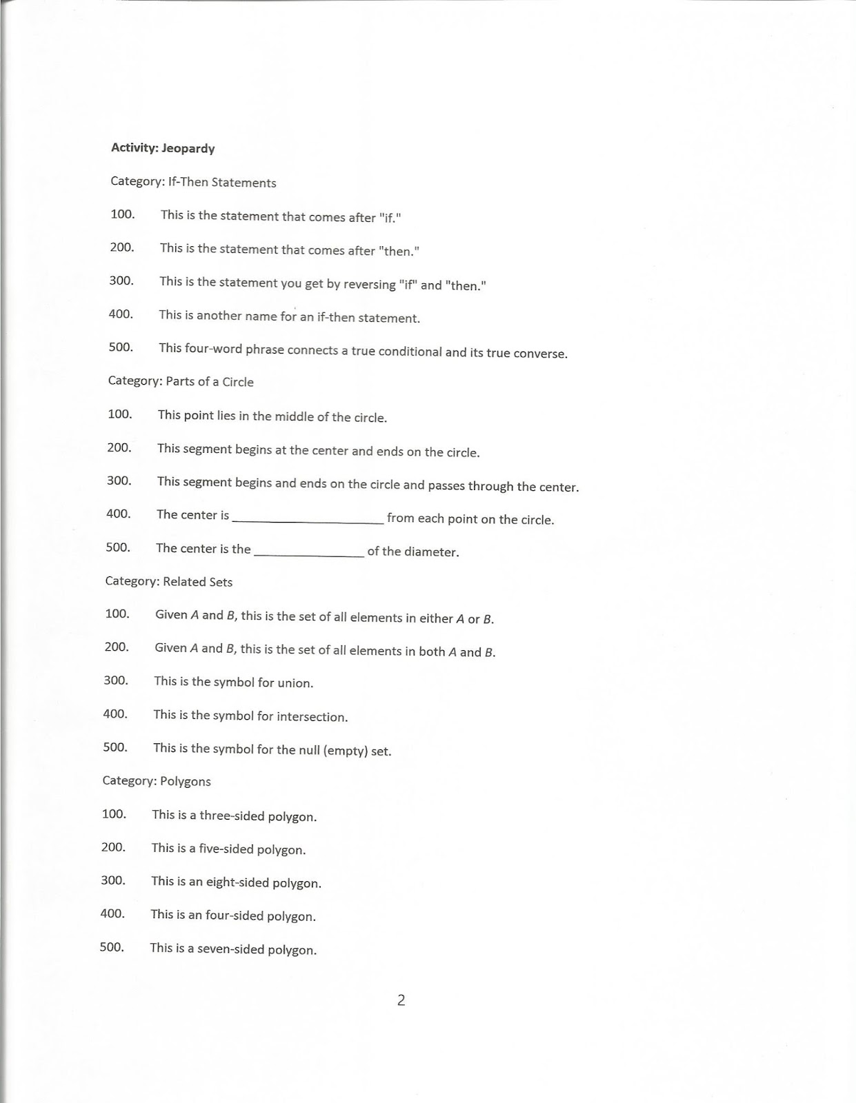 Geometry, Common Core Style: Activity: The Daffynition Game (Day 17)