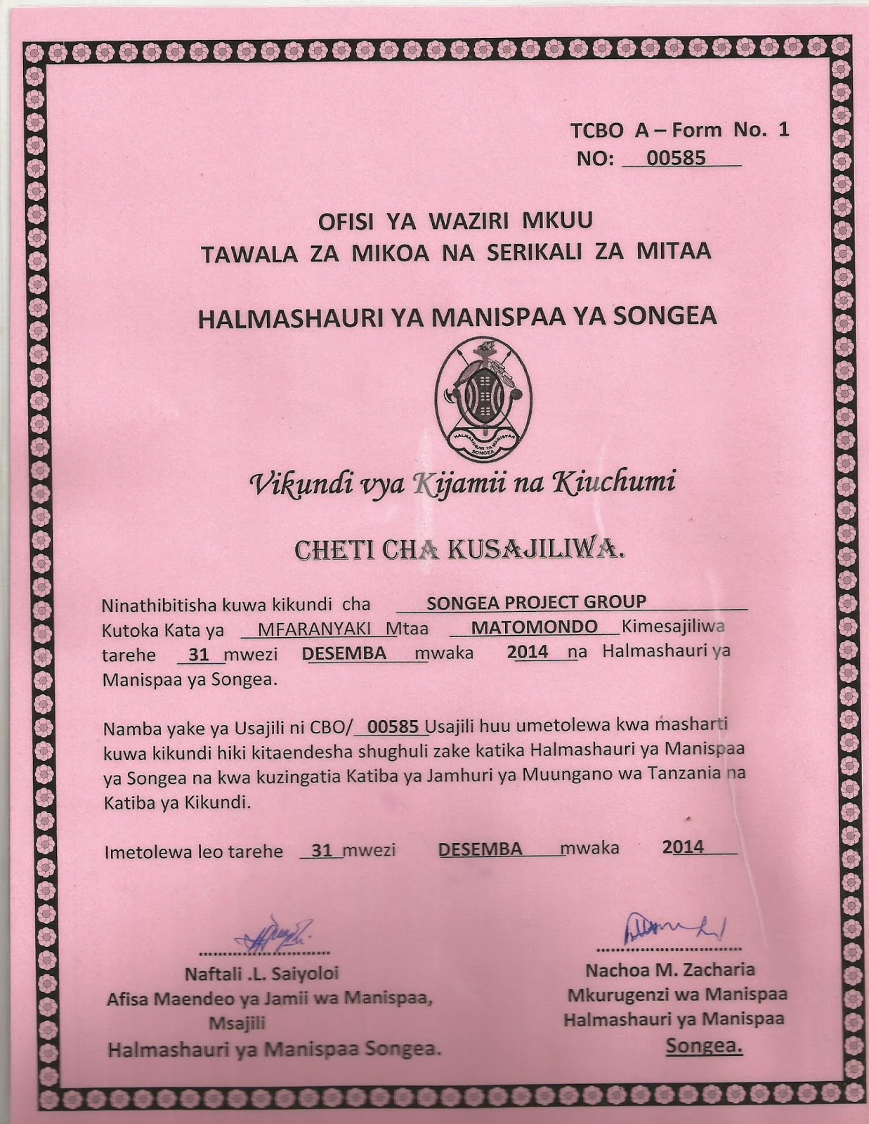 SONGEA PROJECT GROUP: SONGEA PROJECT GROUP CERTIFICATE