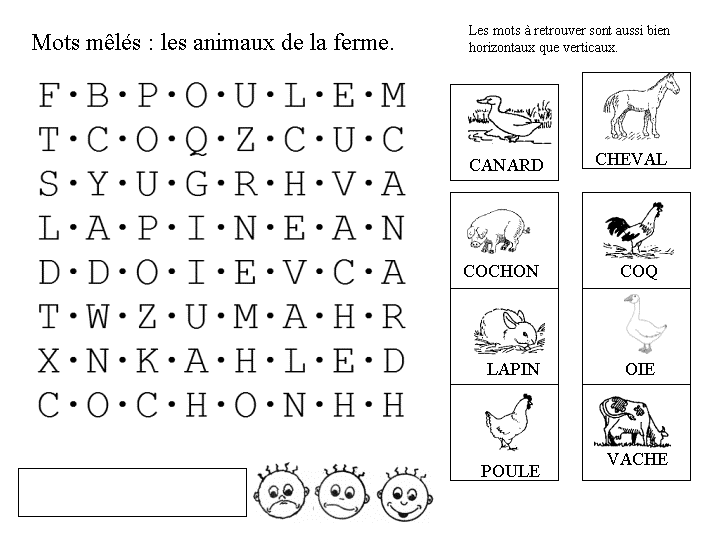 Maternelle: Mots mêlés : les animaux de la ferme
