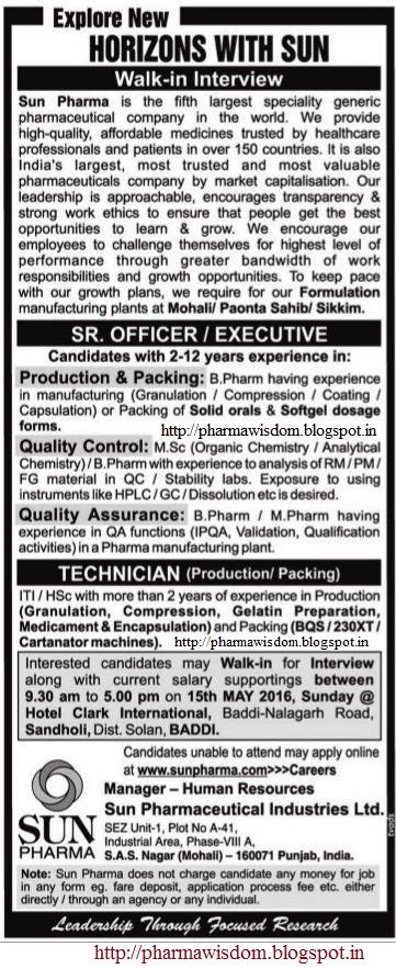 SUN PHARMA Walk-In Interview on 15th MAY 2016 (SUNDAY) - PHARMA WISDOM