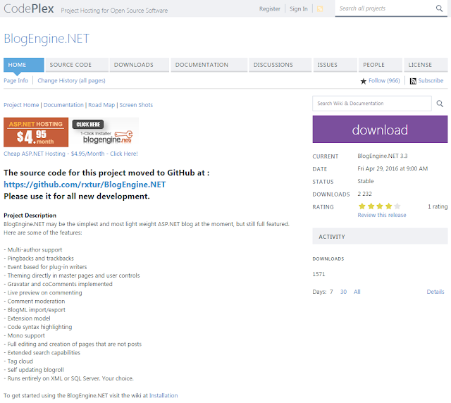 ASP.NET C#: Hommage au BlogEngine.NET sur le Codeplex et GitHub