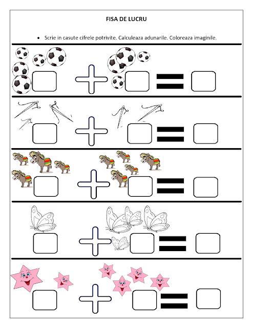 FISE cu adunari pentru clasa Pregatitoare / Fise de lucru cu adunari :: Fise de lucru - gradinita