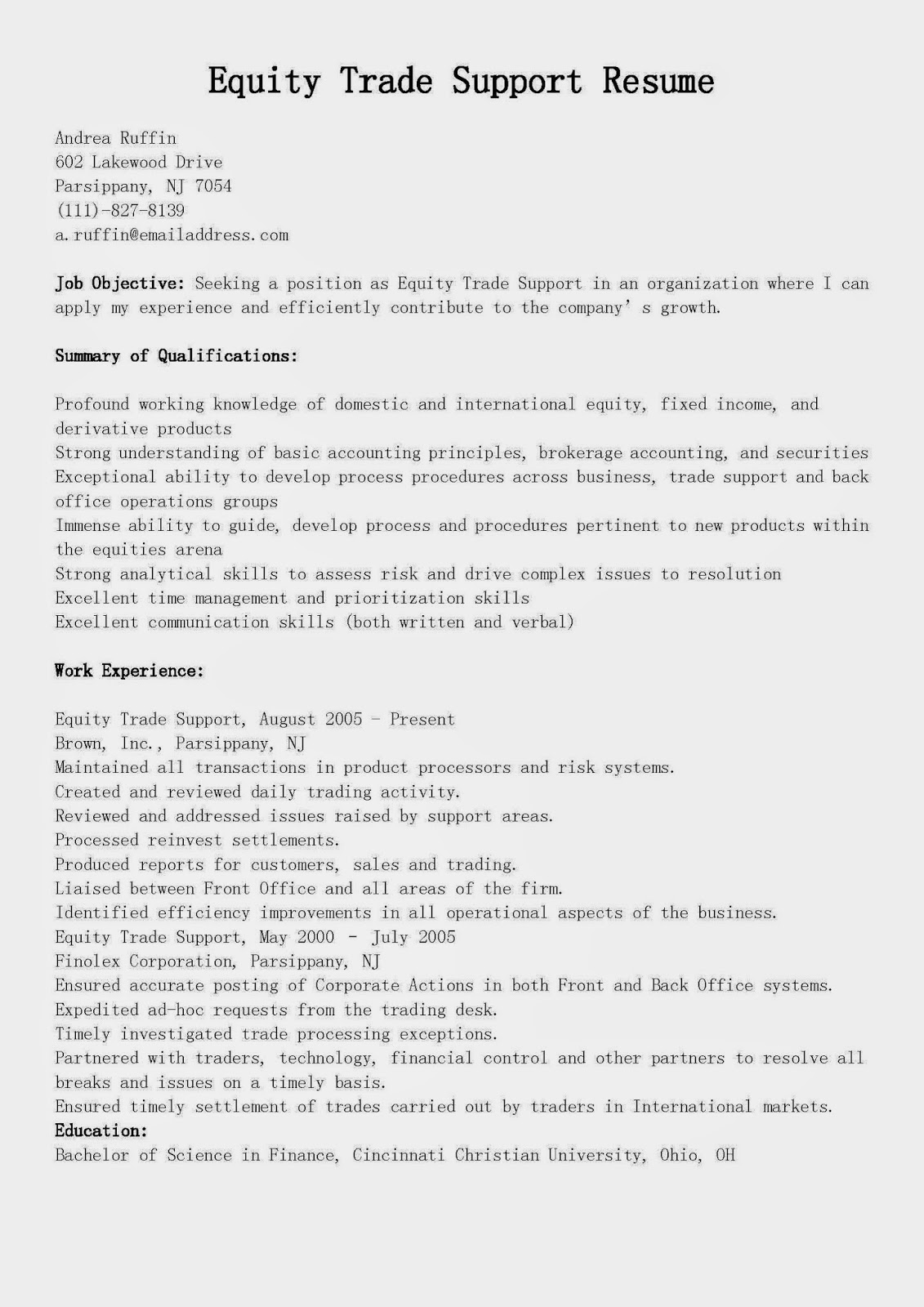 Resume Samples: Equity Trade Support Resume Sample