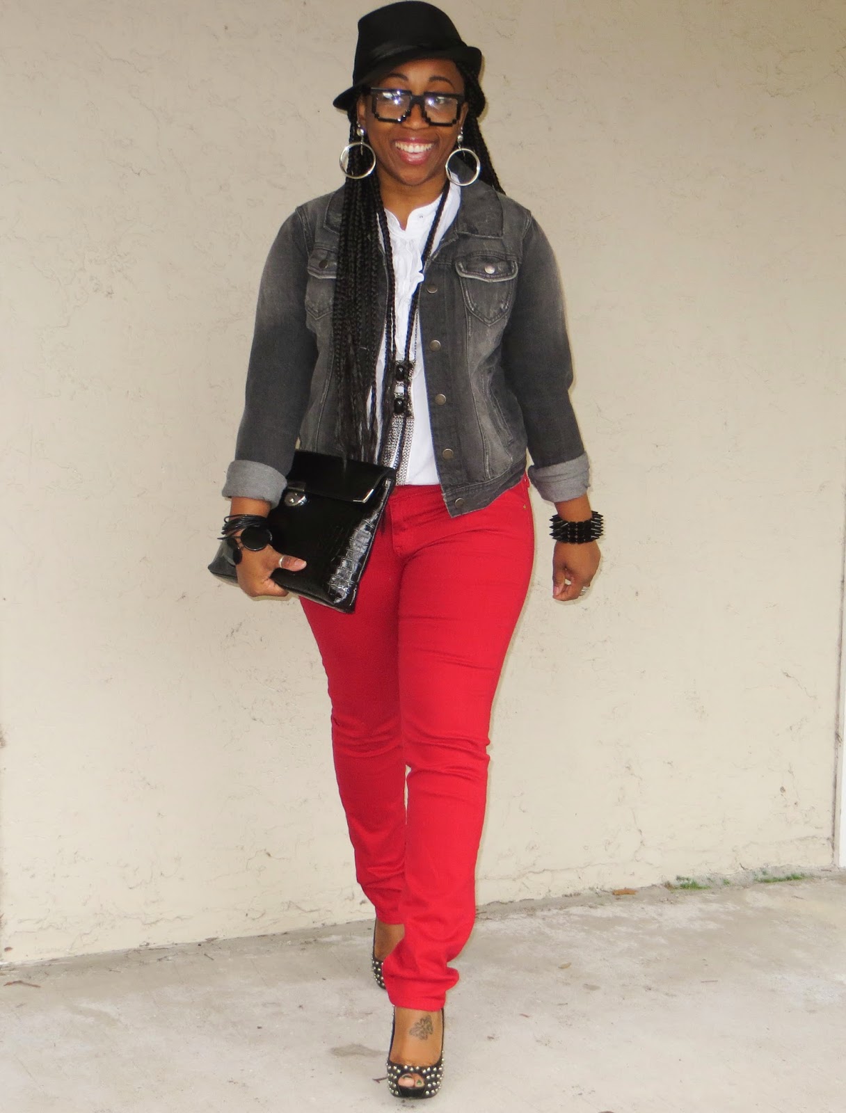 Outfit: Fedora, Ash Jean Jacket, and Red Skinnies