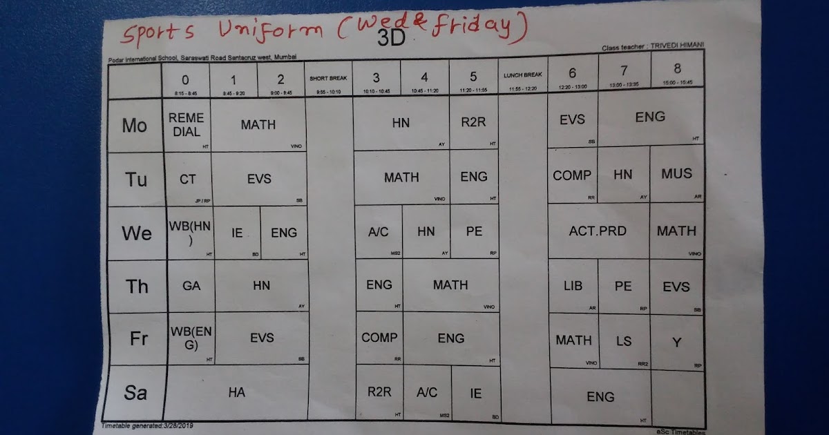 3D Class Time-table and Full forms of the Subjects