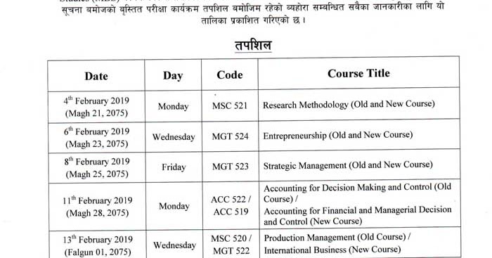 TU publishes MBS Third Semester Exam Routine