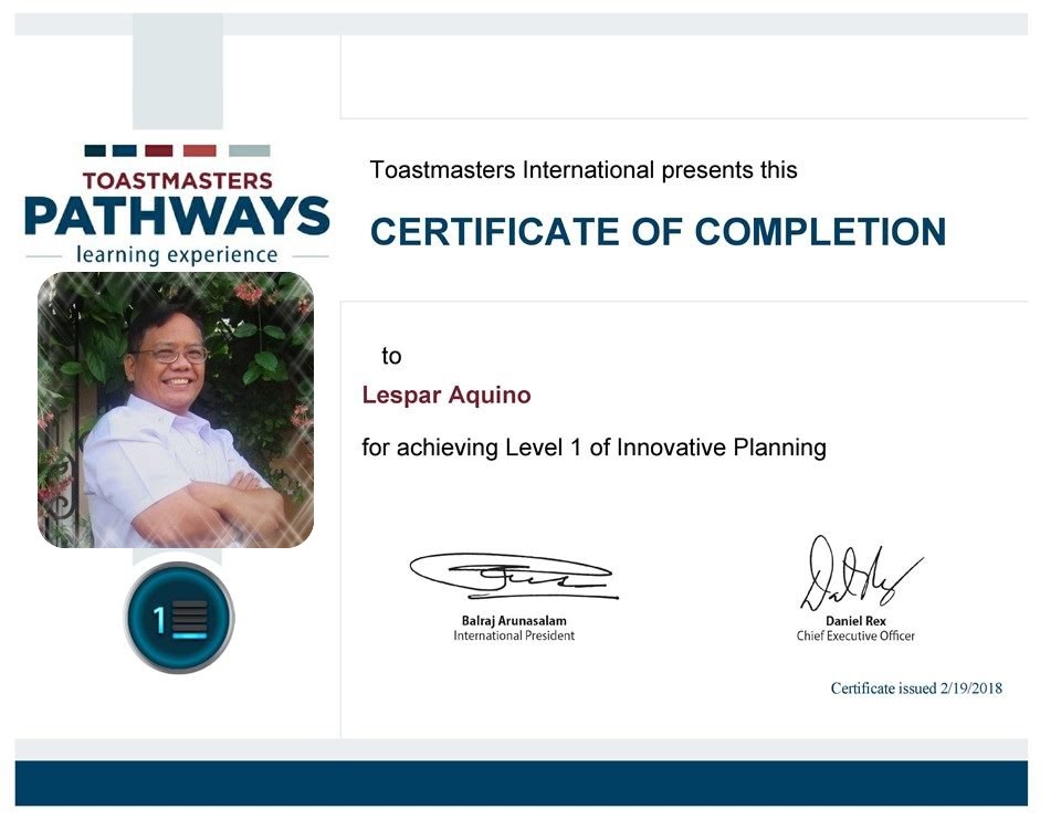 Toastmasters Speeches: Awarding of Innovative Planning Level 1 Certificate