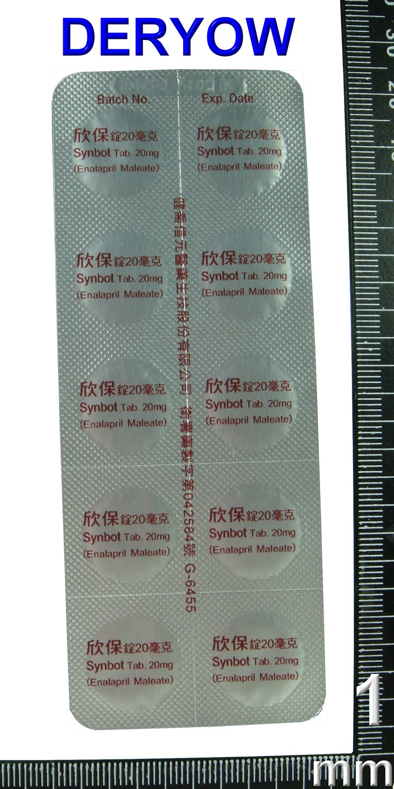 德佑藥局藥袋資訊暨藥品外觀分享: SYNBOT 【20mg】 TAB. 〝信元〞 ENALAPRIL 欣保錠 藥品外觀描述:長弧形橙黃色(SYNBOT/┼) 痕(A2) 形120102