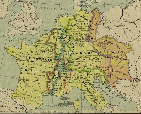 Historic Map of West Frankish Kingdom and East Frankish Kingdom 843-888