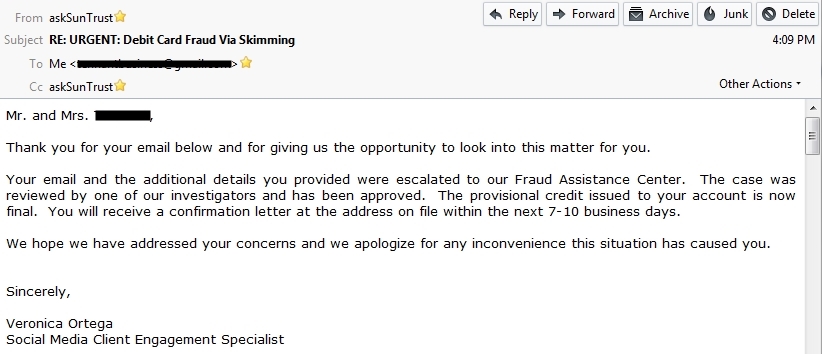 Suntrust Bank Debit Card Fraud