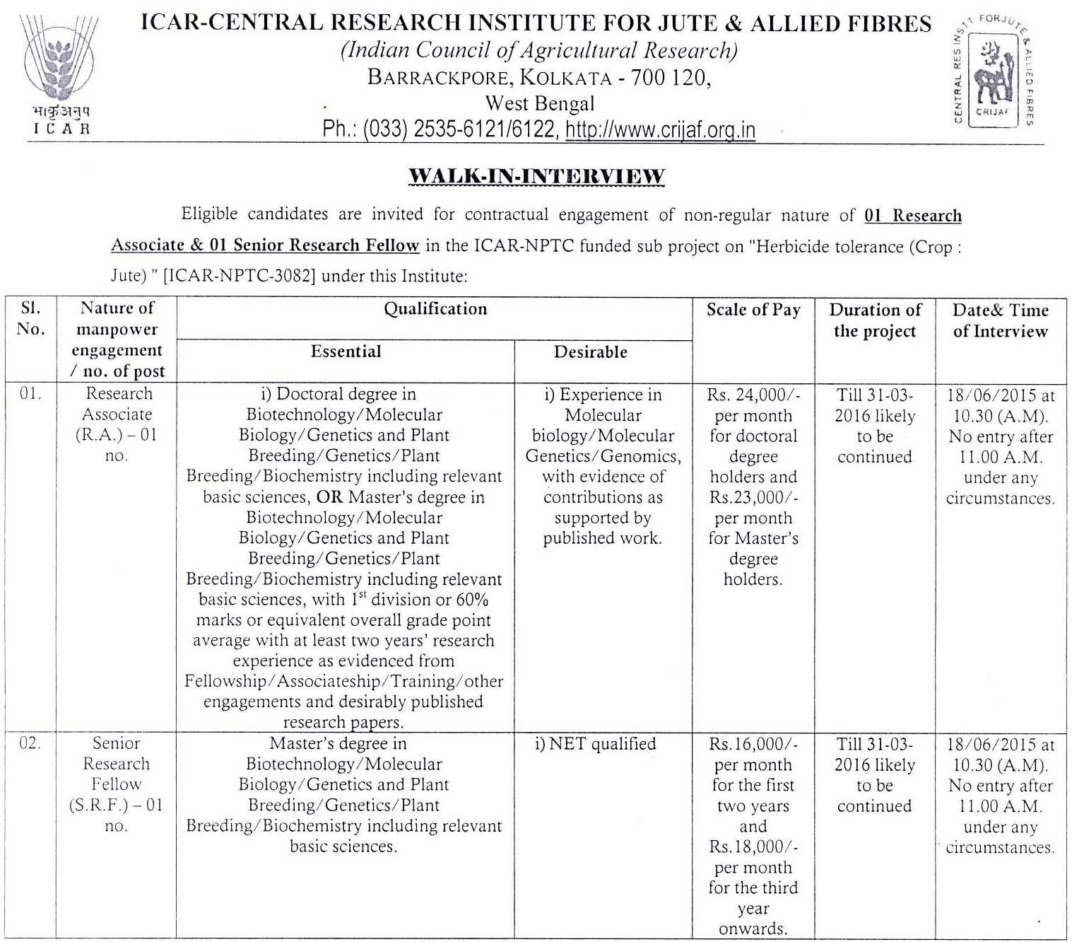 CRIJAF Kolkata Molecular Biology RA/SRF Walk Ins