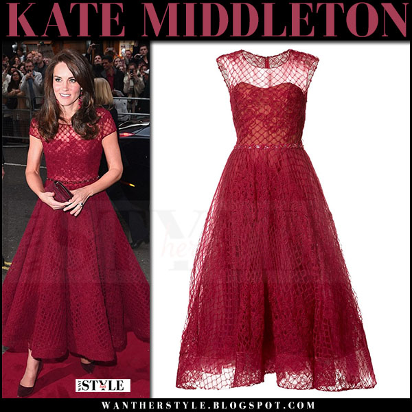 Kate Middleton In Red Lace Sheer Panel Dress At 42nd Street Opening