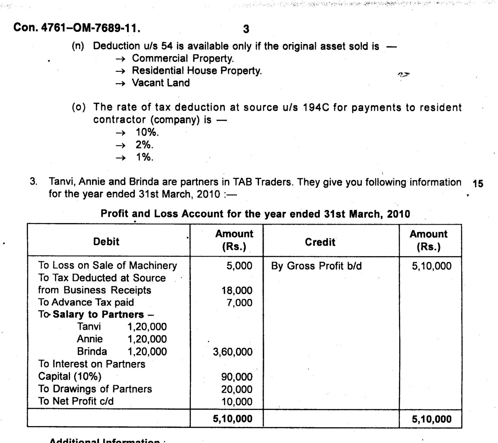 Question Papers Collection: TAXATION PAPER IV DIRECT TAX PAPER - II (BAF)
