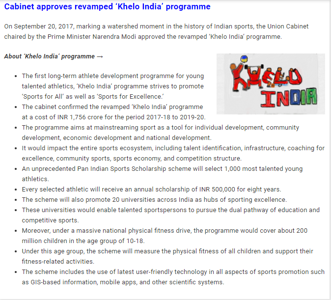 Cabinet approves "KHELO INDIA" programme on 20 sept 2017.