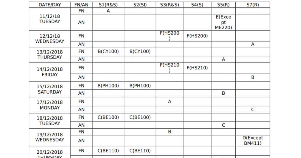 B.Tech Exam December 2018/January 2019 Timetable for S1-S2-S3-S4-S5-S7 | KTU Students ...