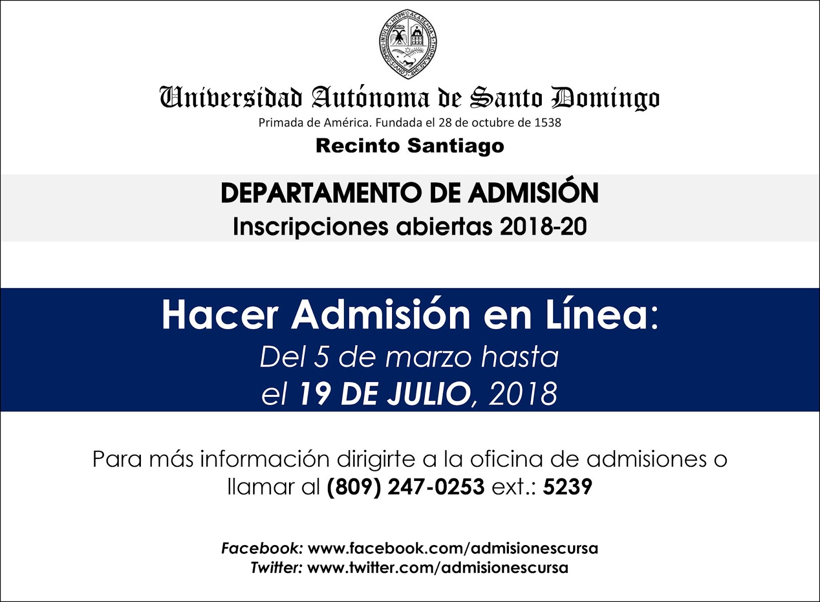 Inscripciones abiertas - Admisiones UASD 2018-20