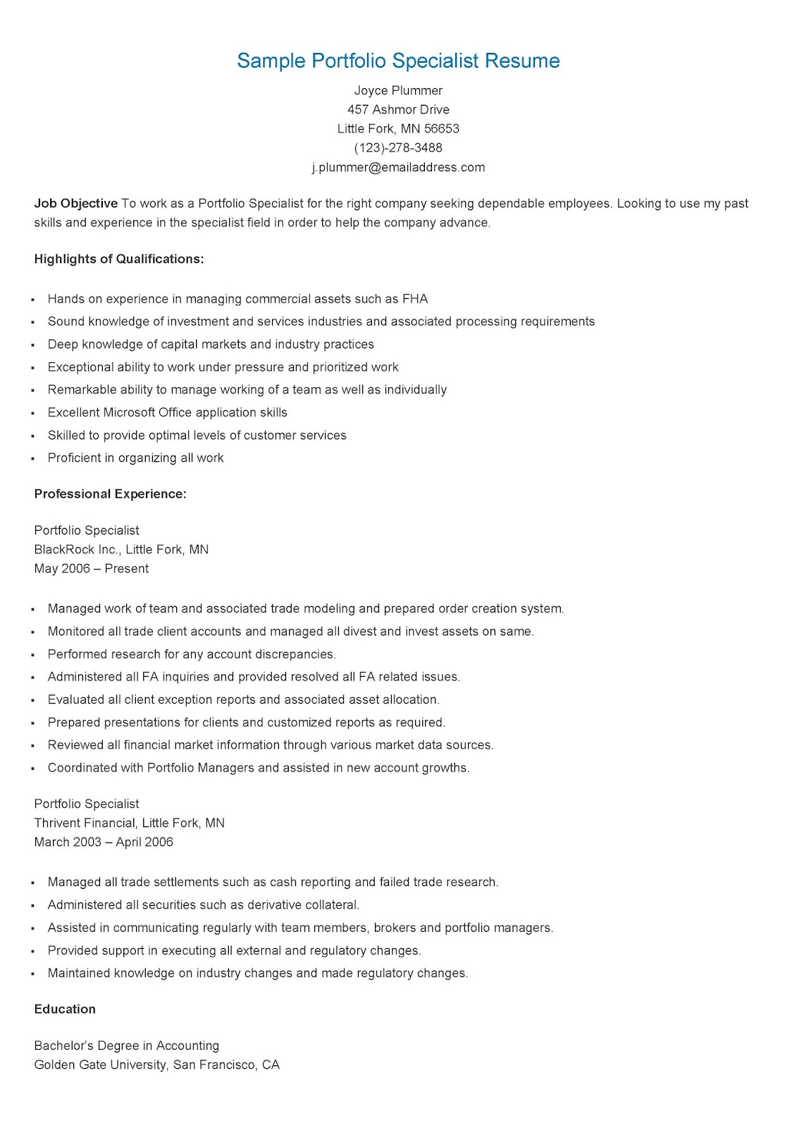 Resume Samples: Sample Portfolio Specialist Resume