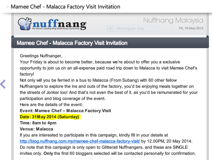 sinuha: Mamee Chef - Malacca Factory Visit Invitation