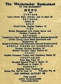 T C C: John Wanamaker's Thanksgiving Menu - 1901