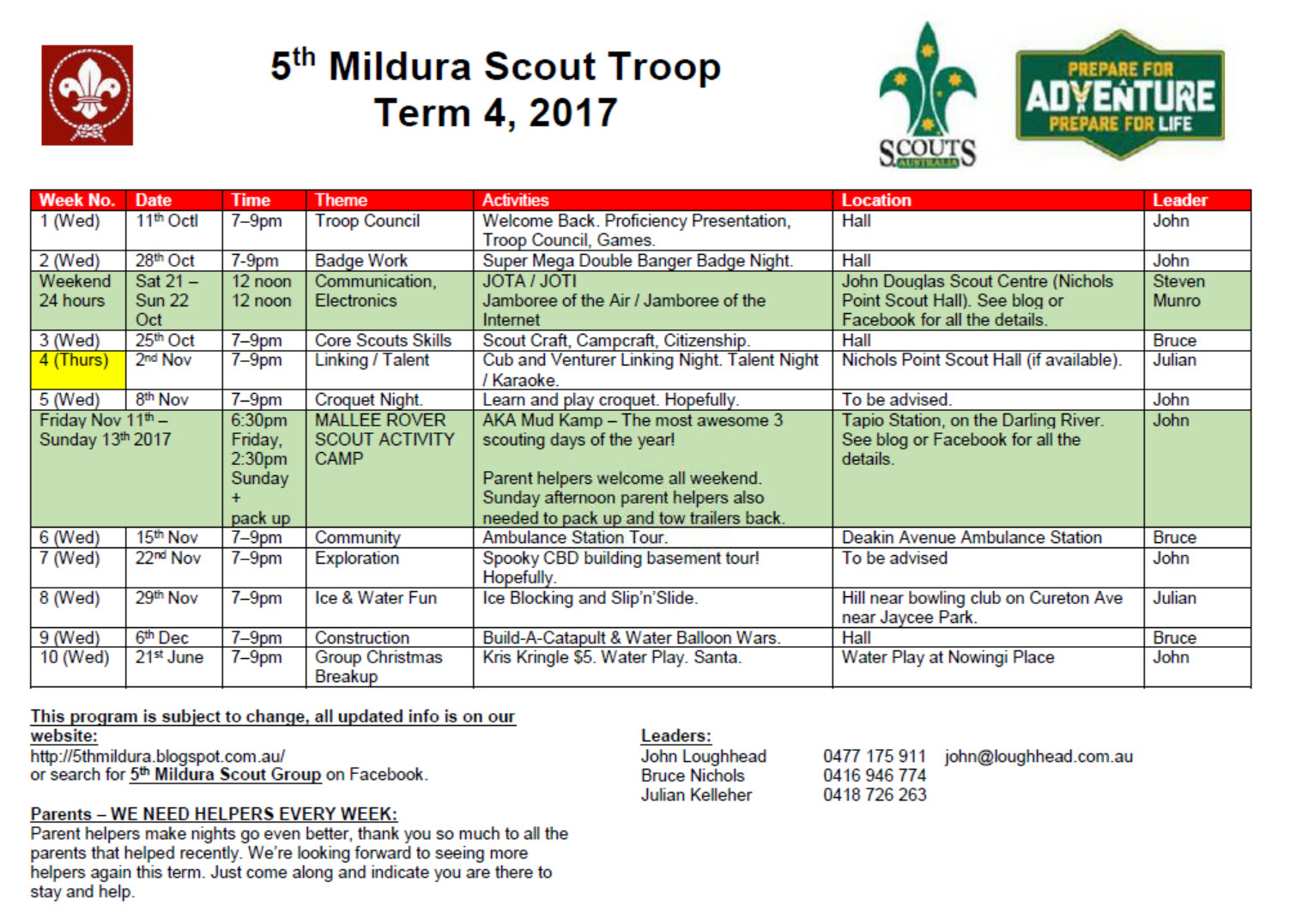 Scouts Term 4, 2017 Program