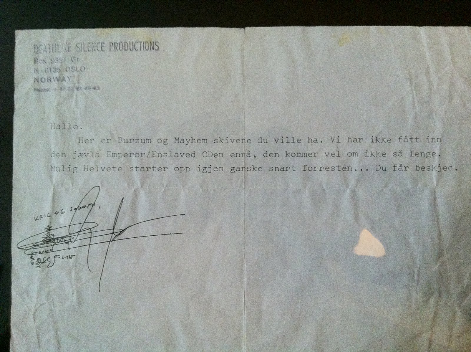 Black Metal Museum: Euronymous typewritten, signed letter 1993